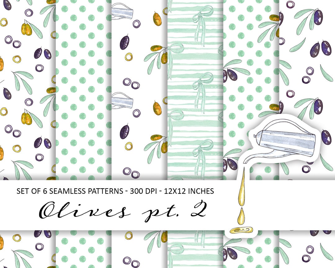 OLIVES PT.2 Seamless Pattern Set With Watercolor Illustrations of ...
