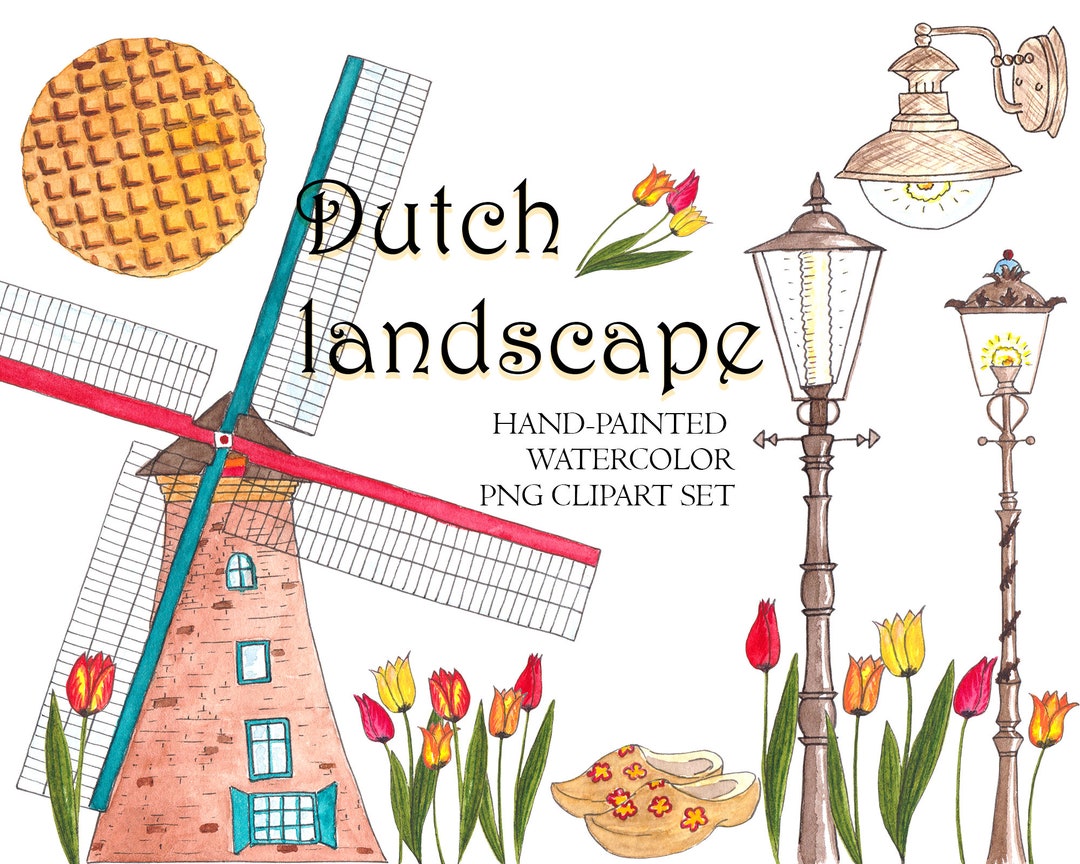 DUTCH LANDSCAPE Watercolor Clipart Set With Windmill, Stroopwafel ...
