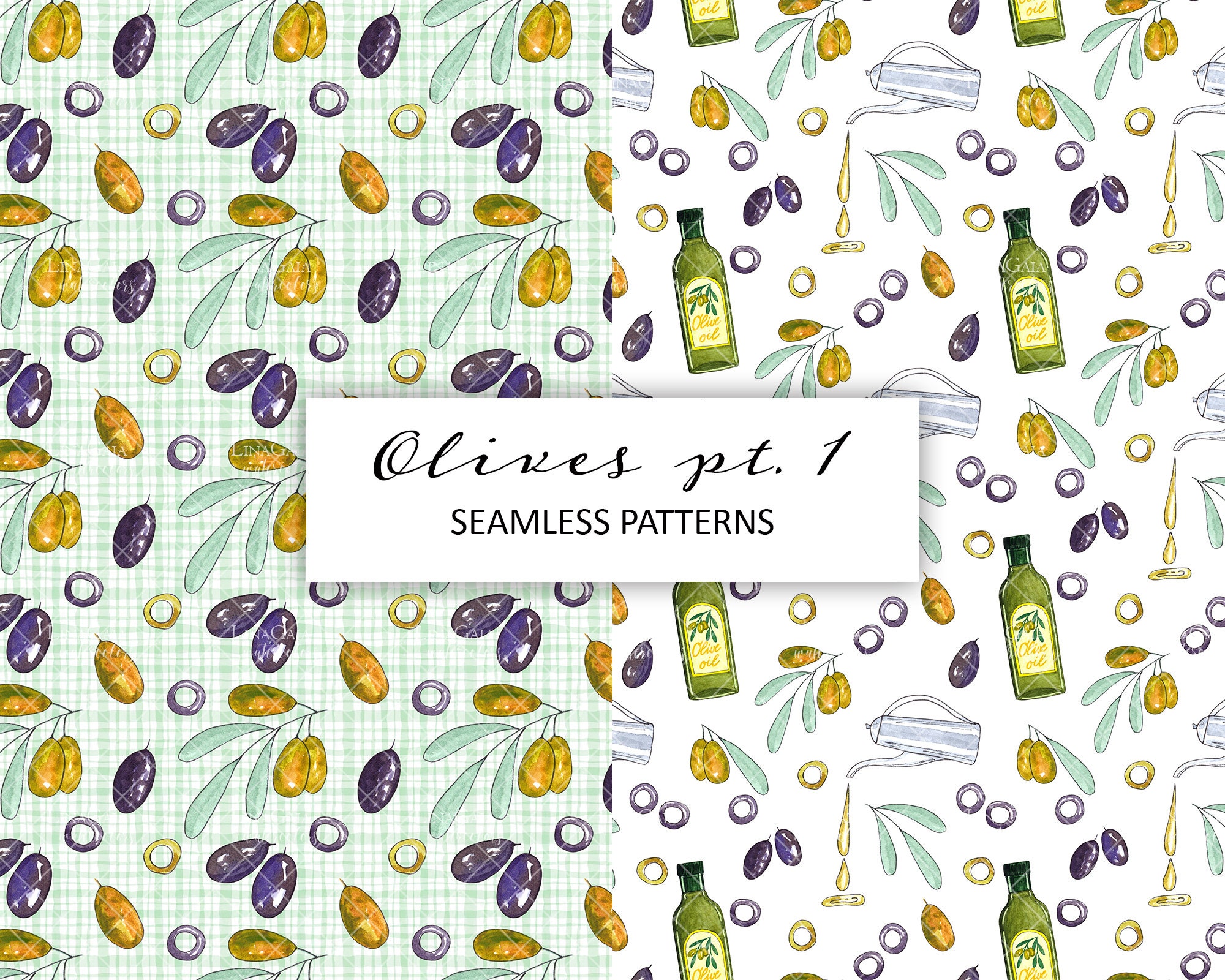 OLIVES PT.1 Seamless Pattern Set With Watercolor Illustrations of ...