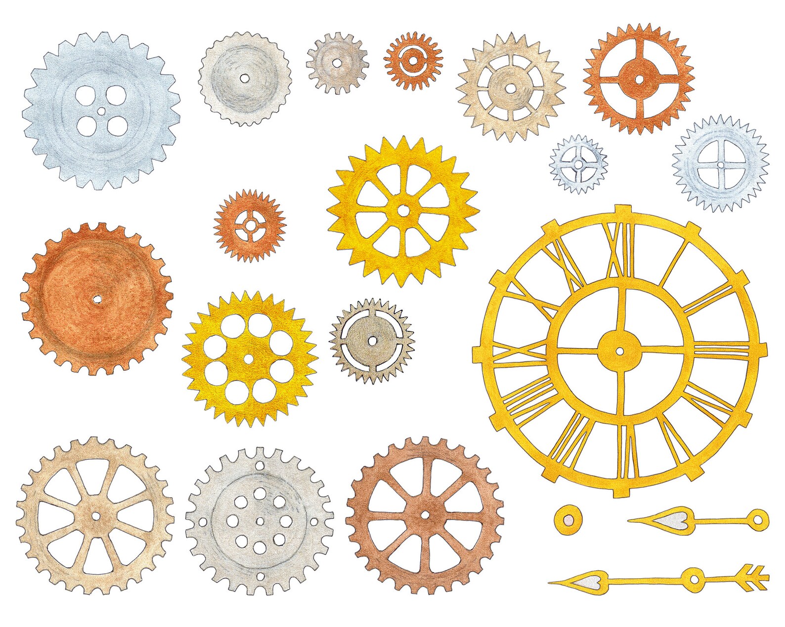 VINTAGE CLOCK GEARS Png Clipart Set With 20 Hand-painted Clock Elements ...