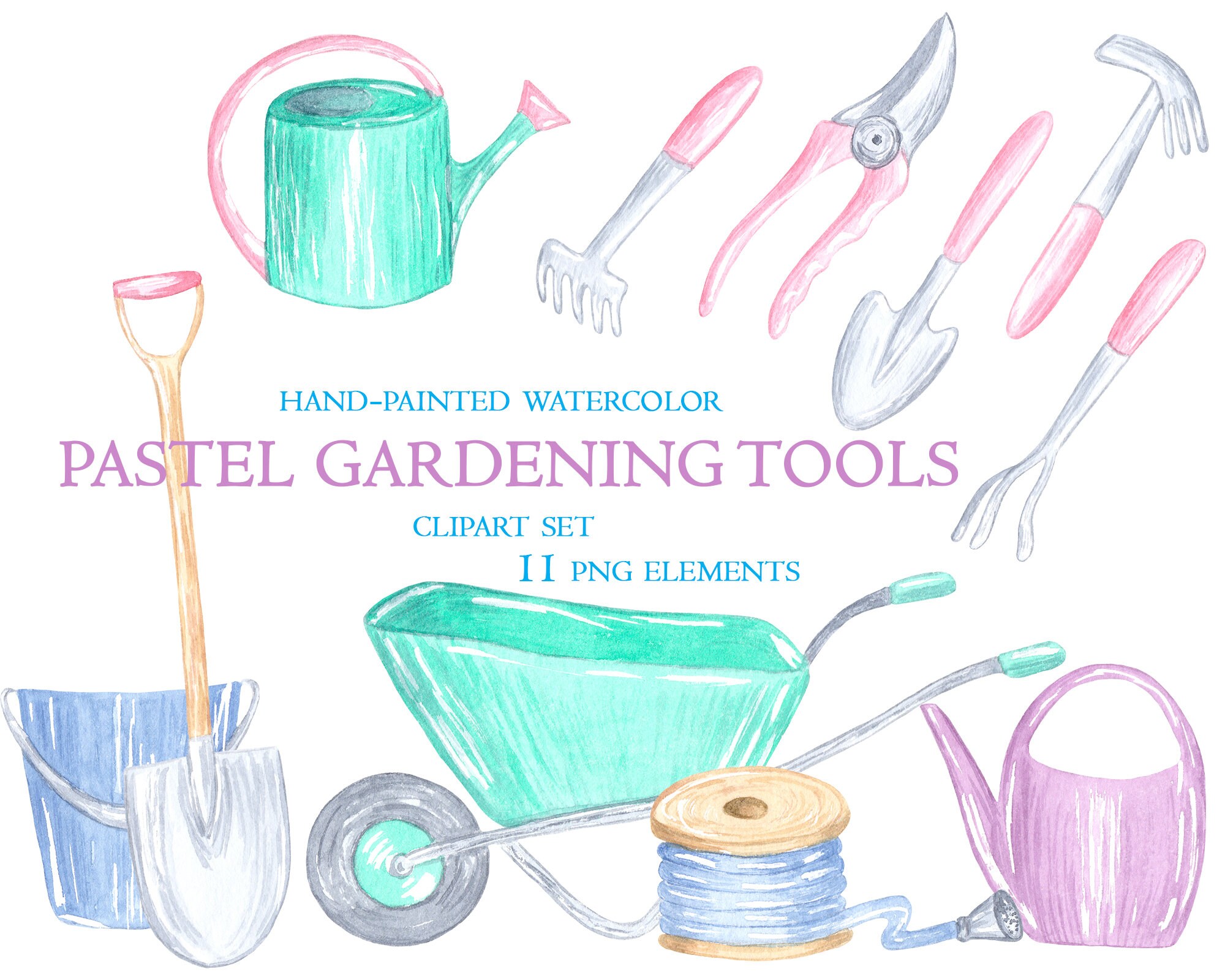 PASTEL GARDENING TOOLS Spring Clipart Set With Wheelbarrow, Pruners ...