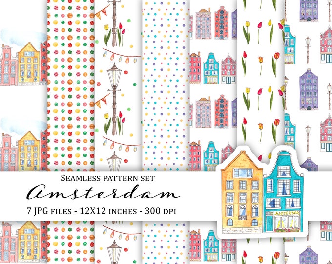 AMSTERDAM Seamless Pattern Set With Watercolor Illustrations of ...