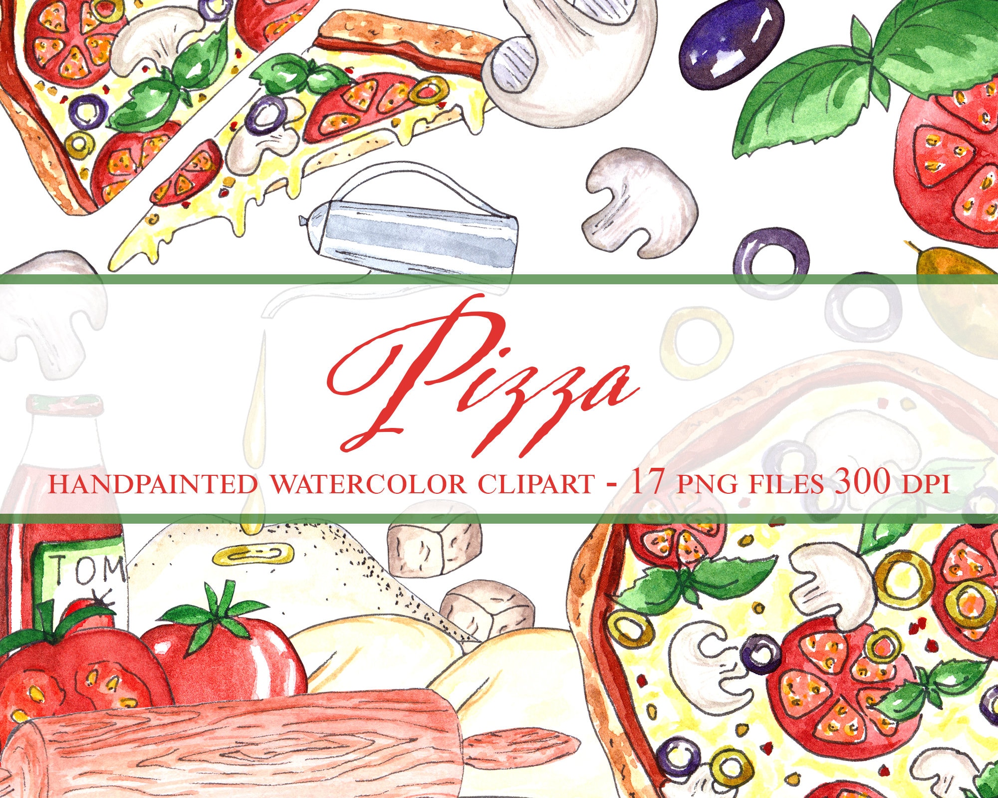 ITALIAN PIZZA Clipart Set With Pizza, Tomatoes, Basil, Olives and More ...