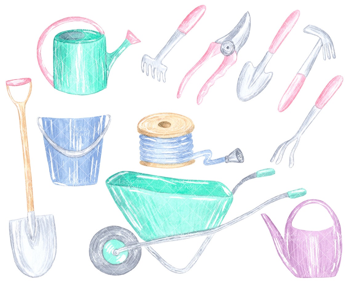 PASTEL GARDENING TOOLS Spring Clipart Set With Wheelbarrow, Pruners ...