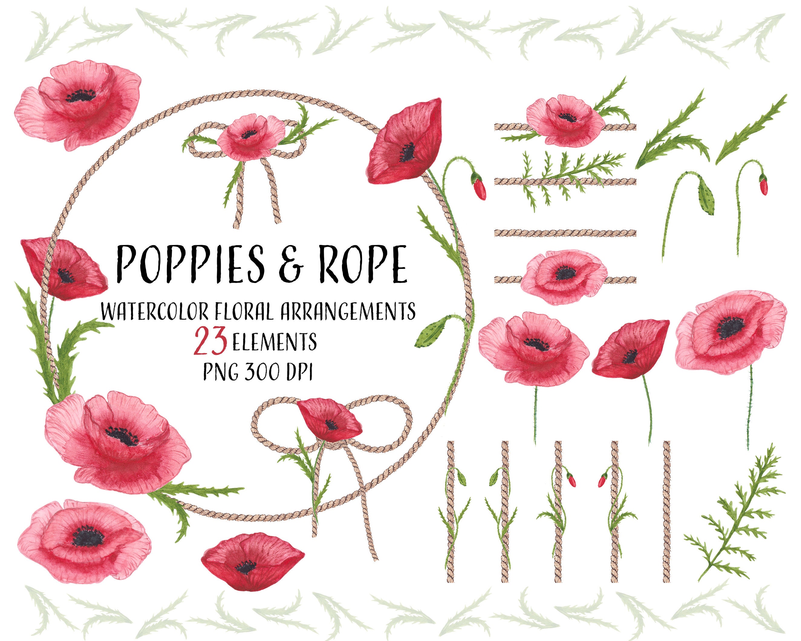 POPPIES & ROPE BUNDLE Watercolor Clipart Set With Floral Elements ...