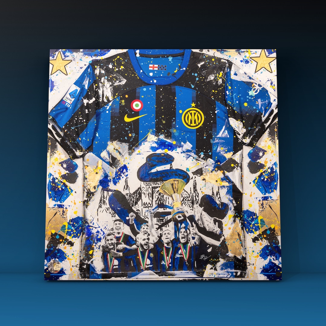 Maglia Inter Seconda Stella Dipinta a Mano Cucita Su Tela 80x80cm ...