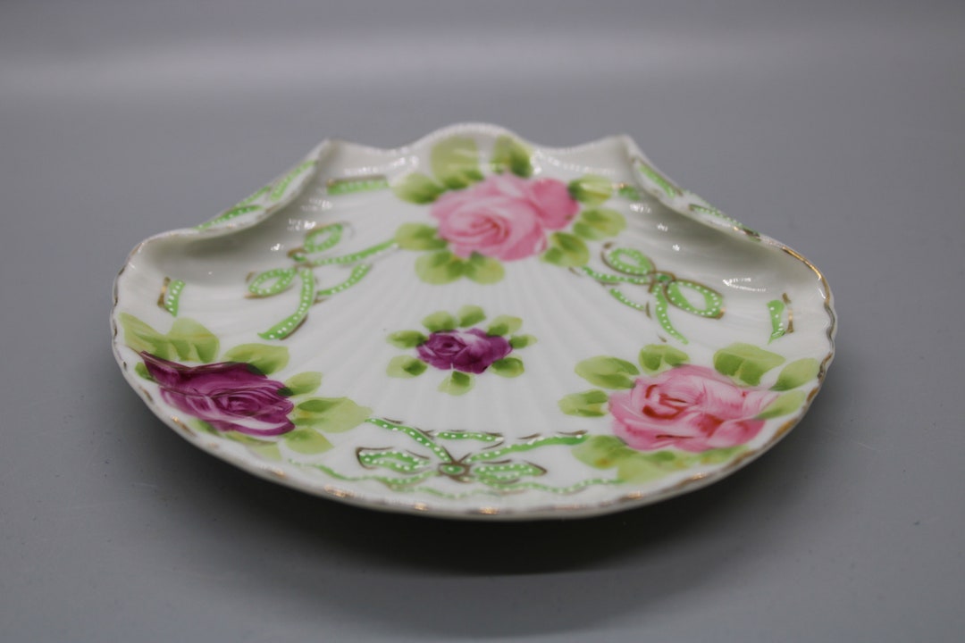 Vintage Antique Nippon Shell Dish Scalloped Hand Painted Pink Roses ...
