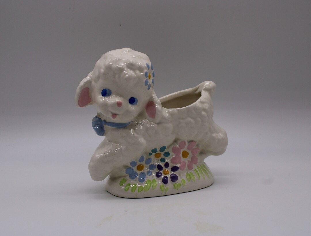 Vintage Lamb Planter, Adorable Lamb and Flowers Pinks, Purples, Yellow ...