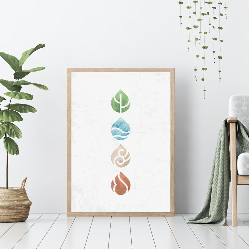 4 Elements of Nature Digital Print, Earth Water Air Fire Symbols ...