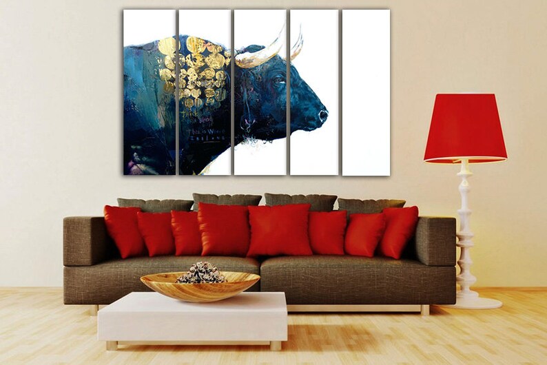 Bull Canvas Animal Wall Art Blue Gold Décor Nature Print Bull | Etsy