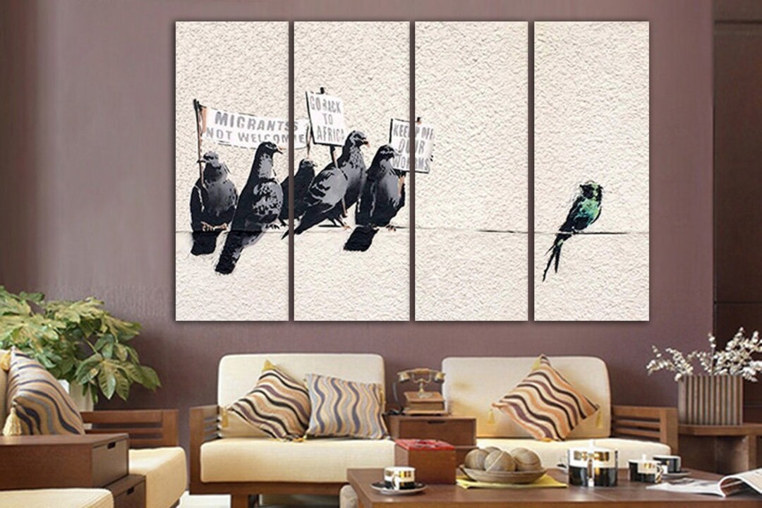 Print on Canvas Immigration Birds Graffiti Art Dove Wall Art Migrants ...