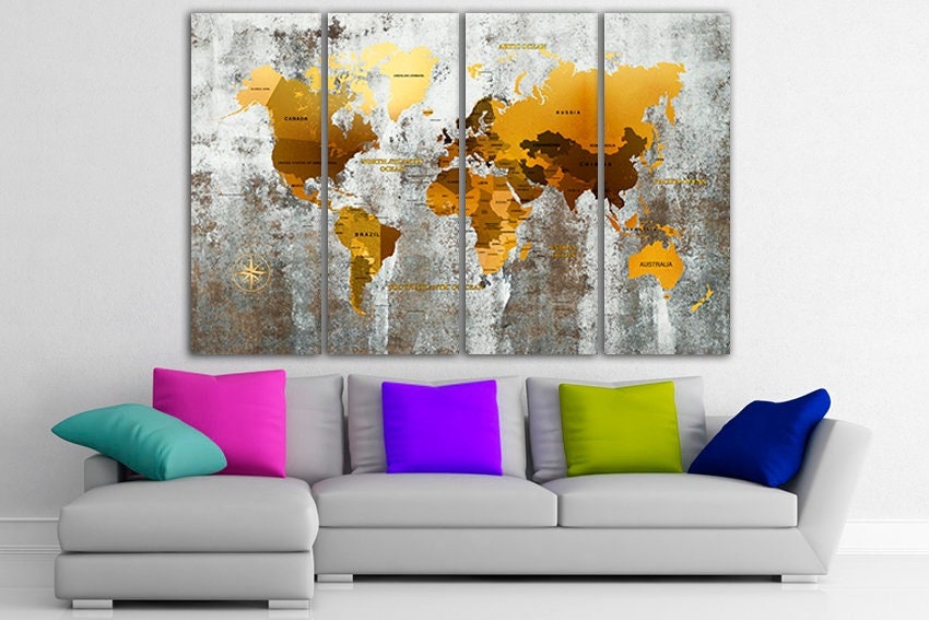 Gold World Map Continent Art Old World Canvas Beautiful World - Etsy