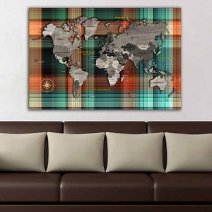 Canvas Wall Map Brown Grey Map Art Continent Canvas World Map Panels ...