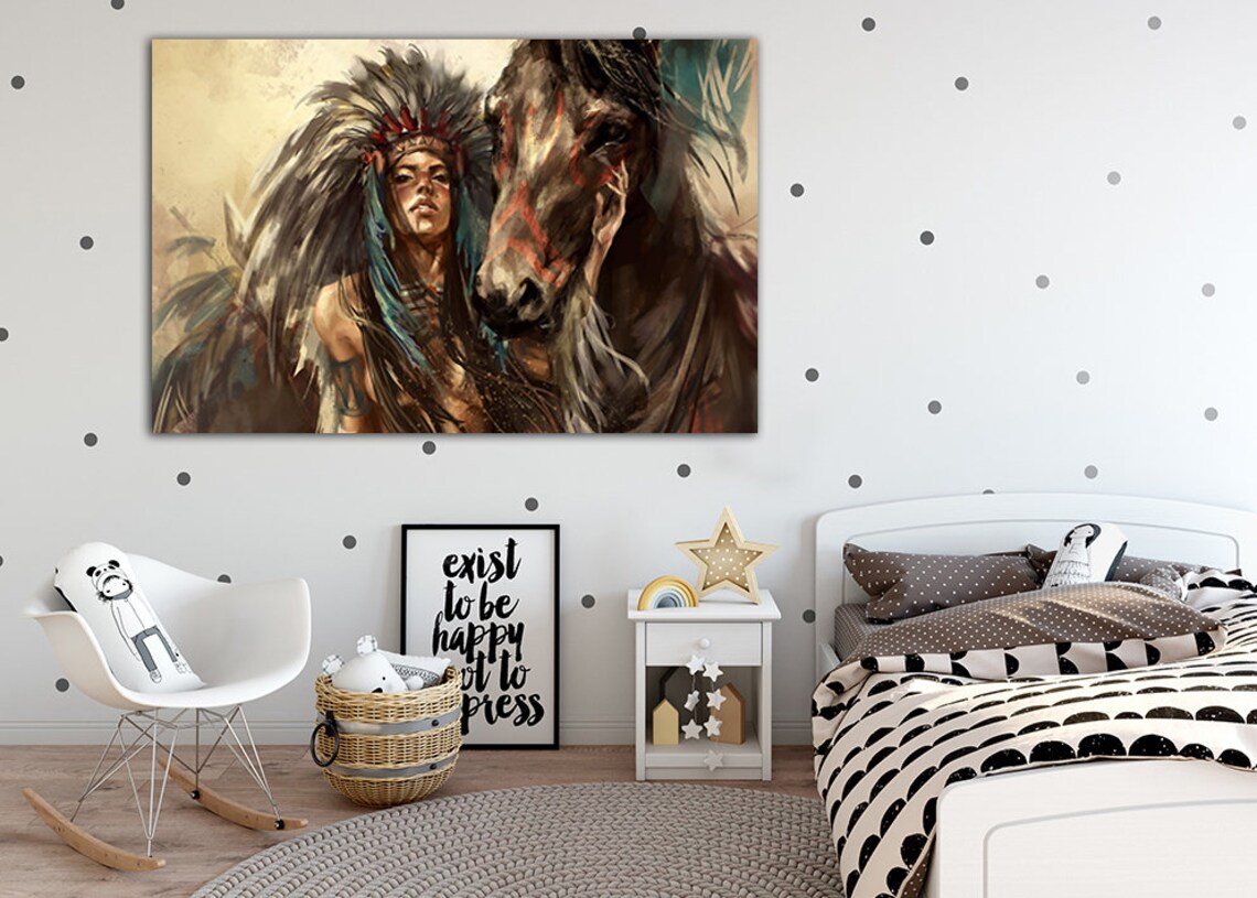 Indian Girl Canvas Modern Wall Art Woman Art Prints Horse | Etsy
