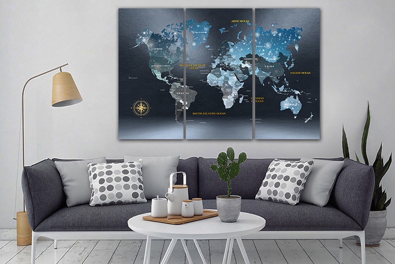 Blue Snow World Map Canvas Map for Pinning Travel Navy Blue - Etsy