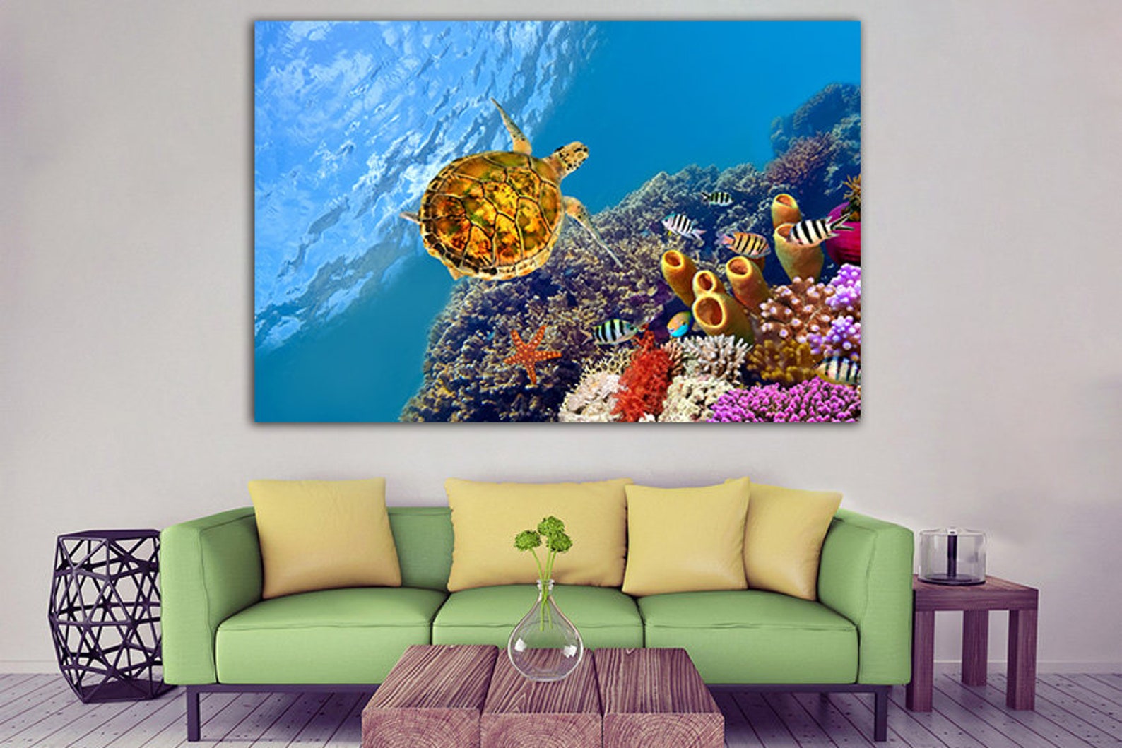 Coral canvas Turtle wall art Sealife art Ocean décor Reef wall | Etsy