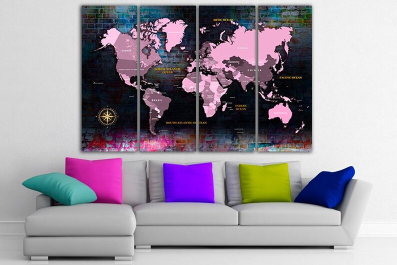 Colorful World Map Canvas Pink World Map Purple World Map - Etsy