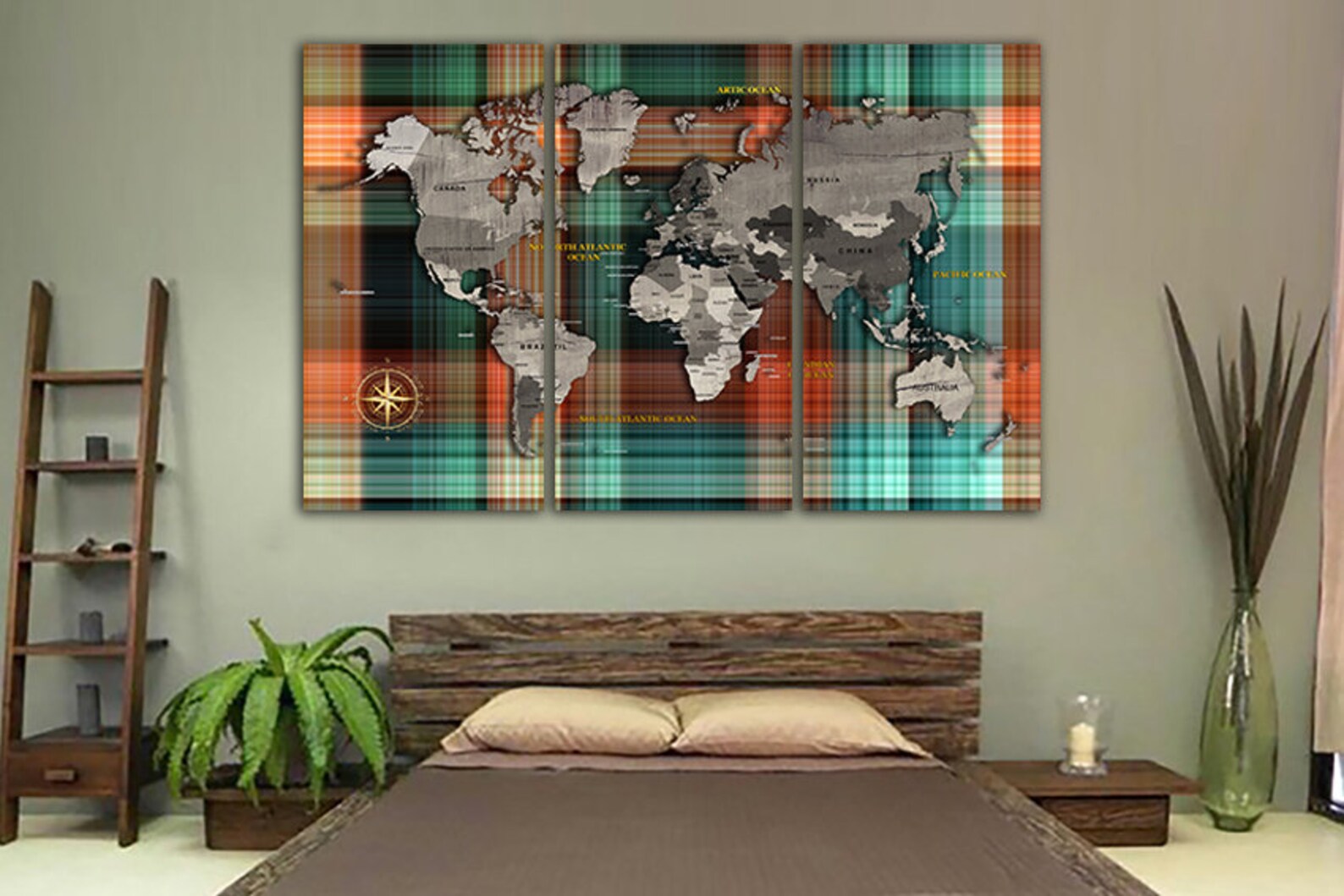 Canvas Wall Map Brown Grey Map Art Continent Canvas World Map Panels ...