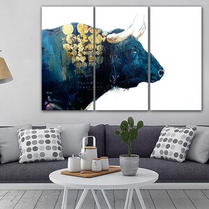Bull Canvas Animal Wall Art Blue Gold Décor Nature Print Bull Décor ...