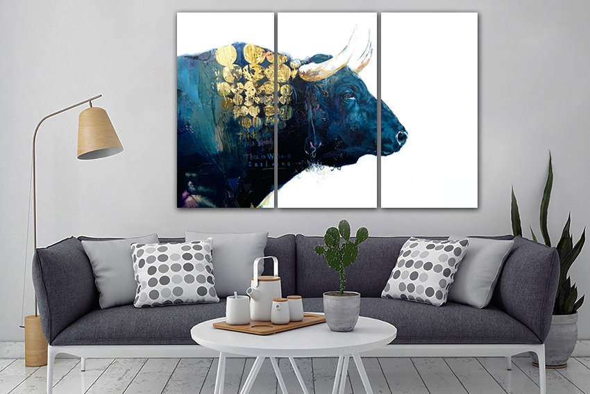 Bull canvas Animal wall art Blue gold décor Nature print Bull | Etsy