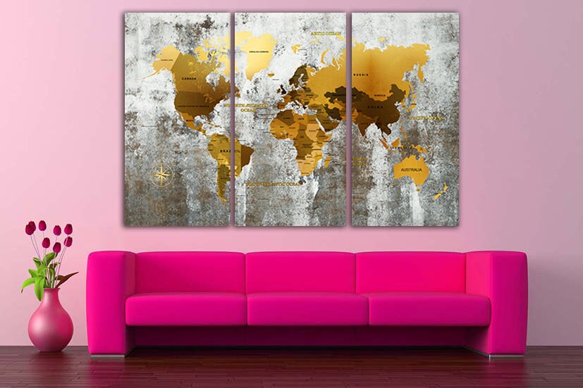 Gold World Map Continent Art Old World Canvas Beautiful World - Etsy