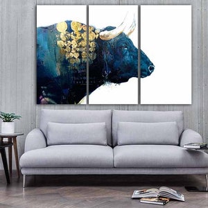 Bull Canvas Animal Wall Art Blue Gold Décor Nature Print Bull Décor ...