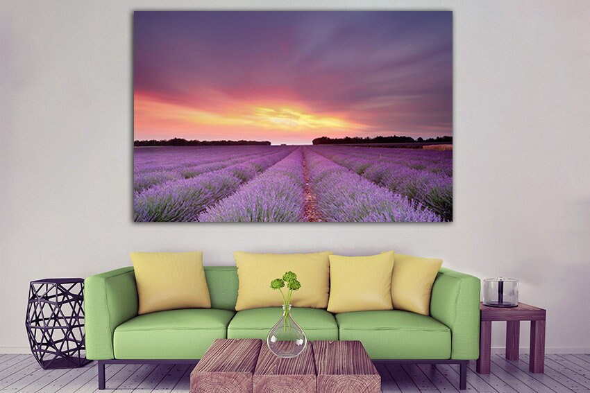 Lavender canvas Field print Flower home decor Sunset wall art | Etsy