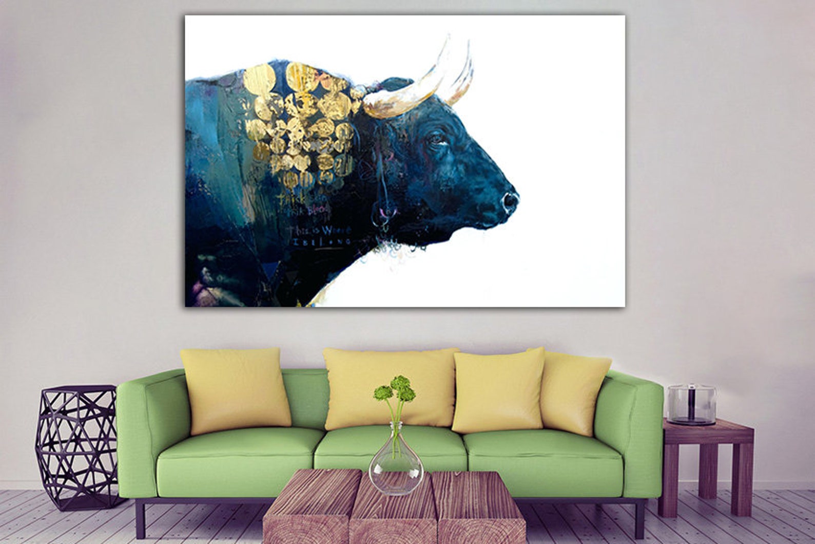 Bull canvas Animal wall art Blue gold décor Nature print Bull | Etsy