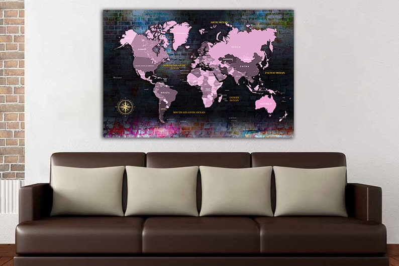 Colorful World Map Canvas Pink World Map Purple World Map Abstract Wall ...