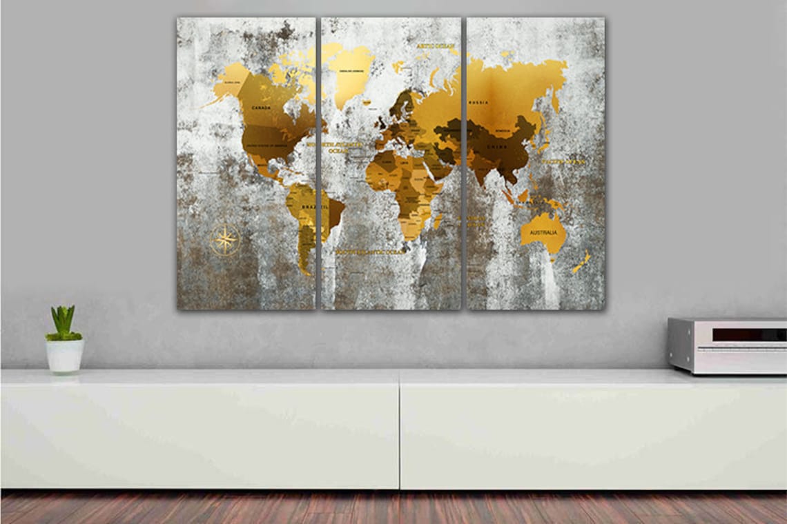 Gold World Map Continent Art Old World Canvas Beautiful World - Etsy