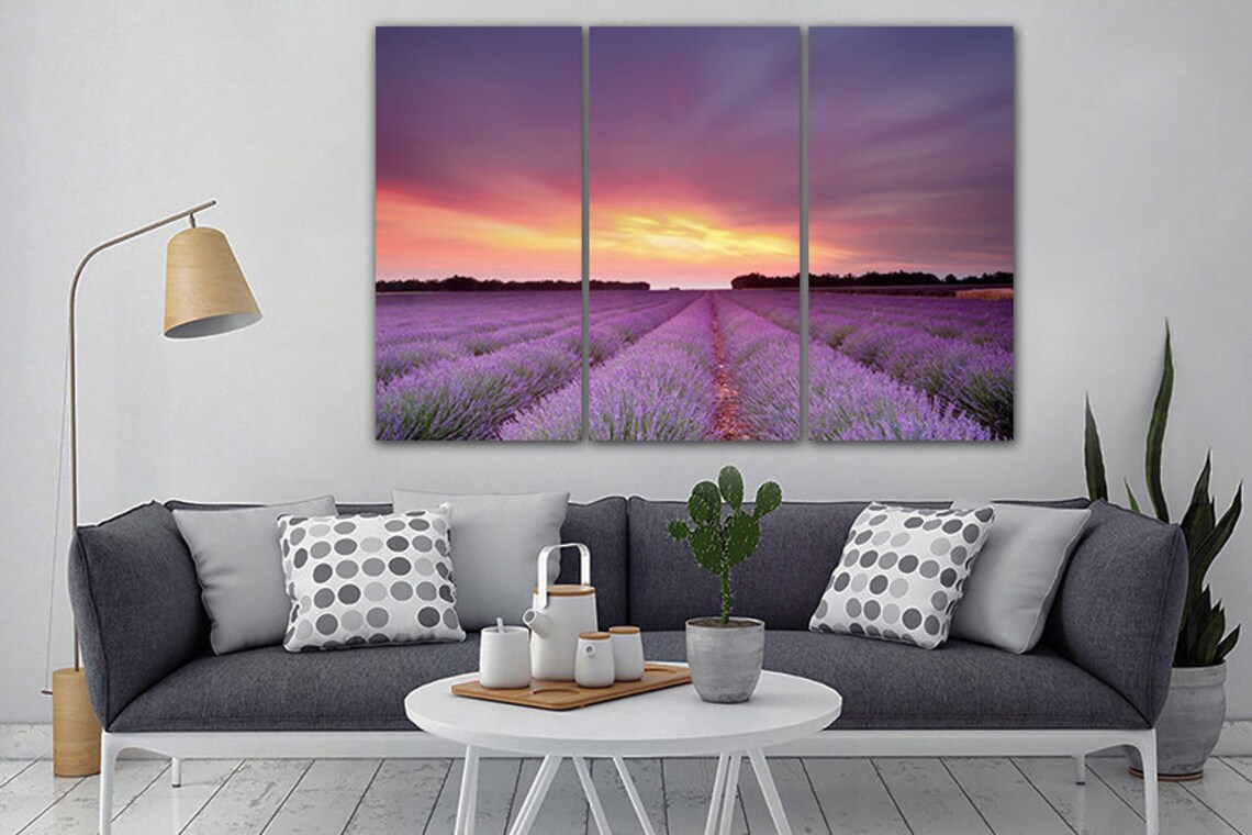 Lavender canvas Field print Flower home decor Sunset wall art | Etsy