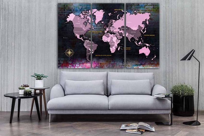 Colorful World Map Canvas Pink World Map Purple World Map Abstract Wall ...