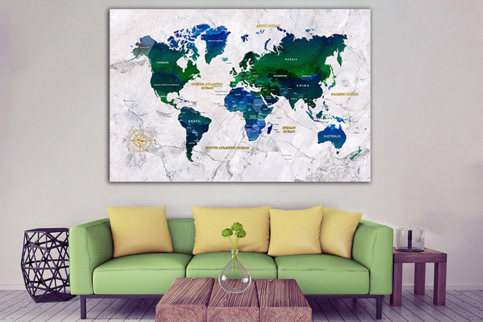 Green World Map Abstract Green Map Canvas Print Art Executive Style Map ...