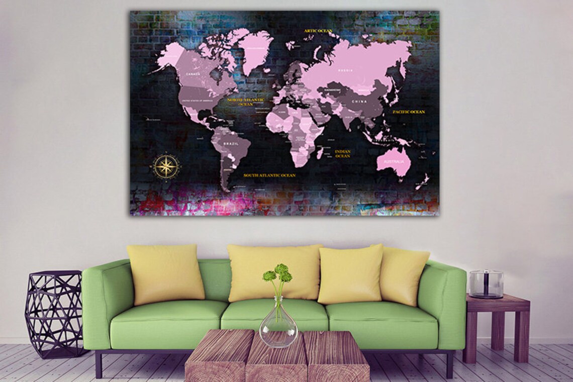 Colorful World Map Canvas Pink World Map Purple World Map - Etsy