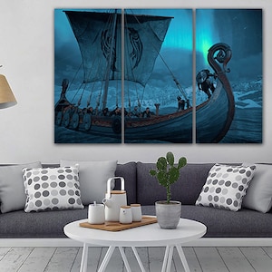 Viking Canvas Norse Mythology Art Viking Ship Wall Art Northern Lights ...