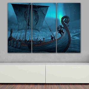 Viking Canvas Norse Mythology Art Viking Ship Wall Art Northern Lights ...