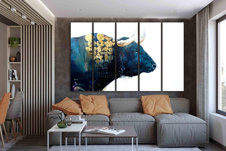 Bull Canvas Animal Wall Art Blue Gold Décor Nature Print Bull | Etsy