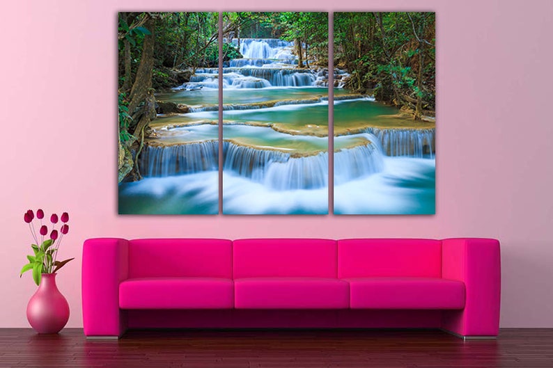 Waterfall Canvas Set Water Decor Cascade Wall Art Aqua Print Forest ...