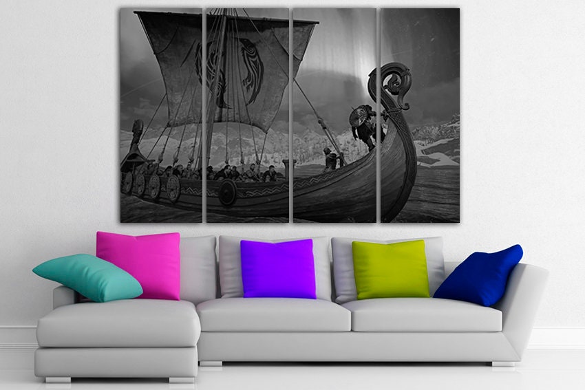 Viking Canvas Norse Mythology Art Viking Ship Wall Art Northern Lights ...