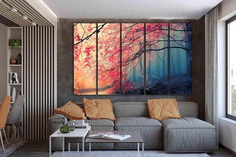 Red Forest Wall Art Canvas Tree Print Landscape Wall Art Foggy | Etsy