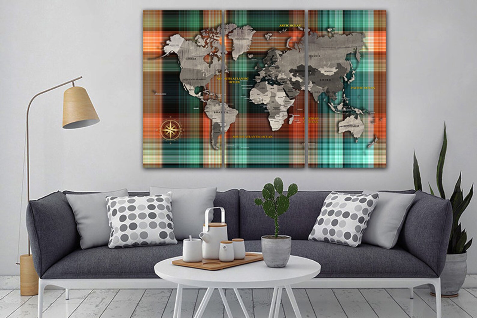 Canvas Wall Map Brown Grey Map Art Continent Canvas World Map Panels ...
