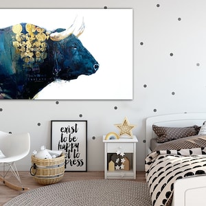 Bull Canvas Animal Wall Art Blue Gold Décor Nature Print Bull Décor ...