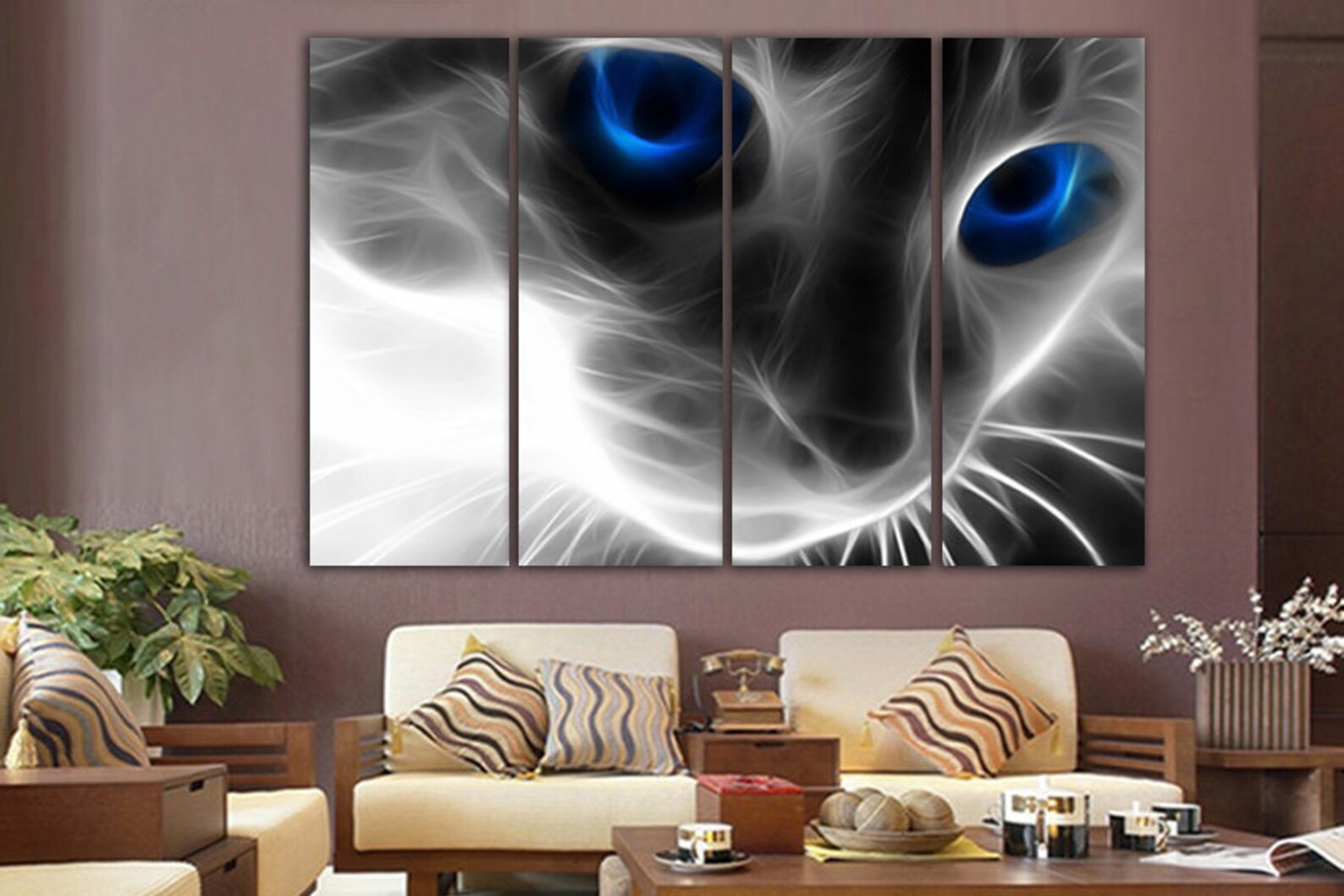 Cat canvas Animal wall art Blue eyes cat White black décor | Etsy