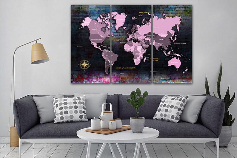 Colorful World Map Canvas Pink World Map Purple World Map - Etsy