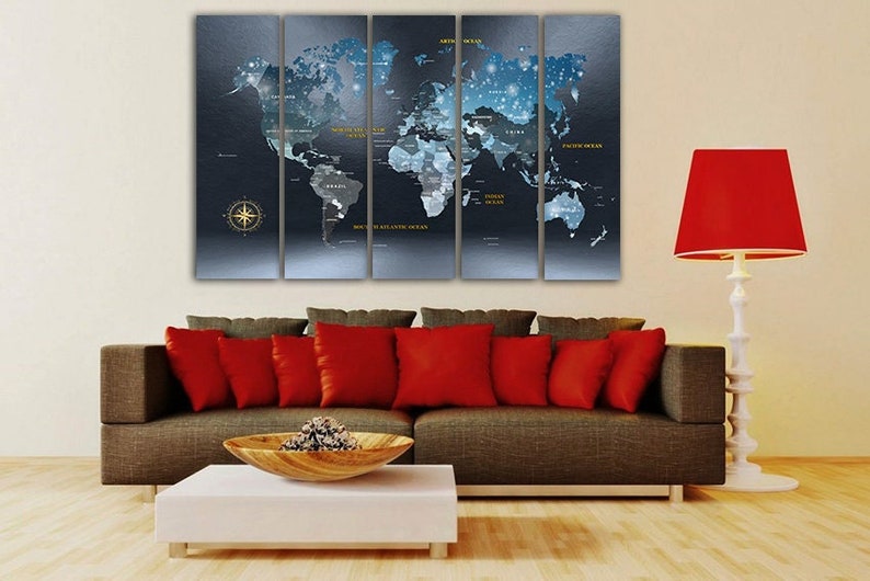 Blue Snow World Map Canvas Map for Pinning Travel Navy Blue - Etsy