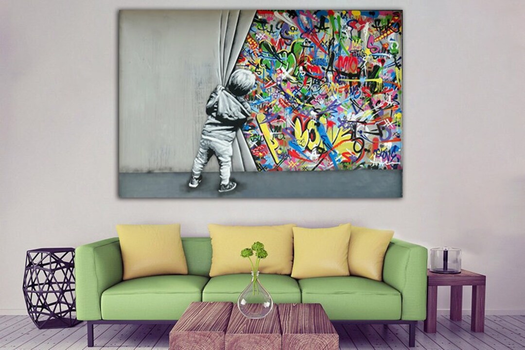 Colorful Graffiti Print on Canvas Street Art Behind the Curtain Huge ...
