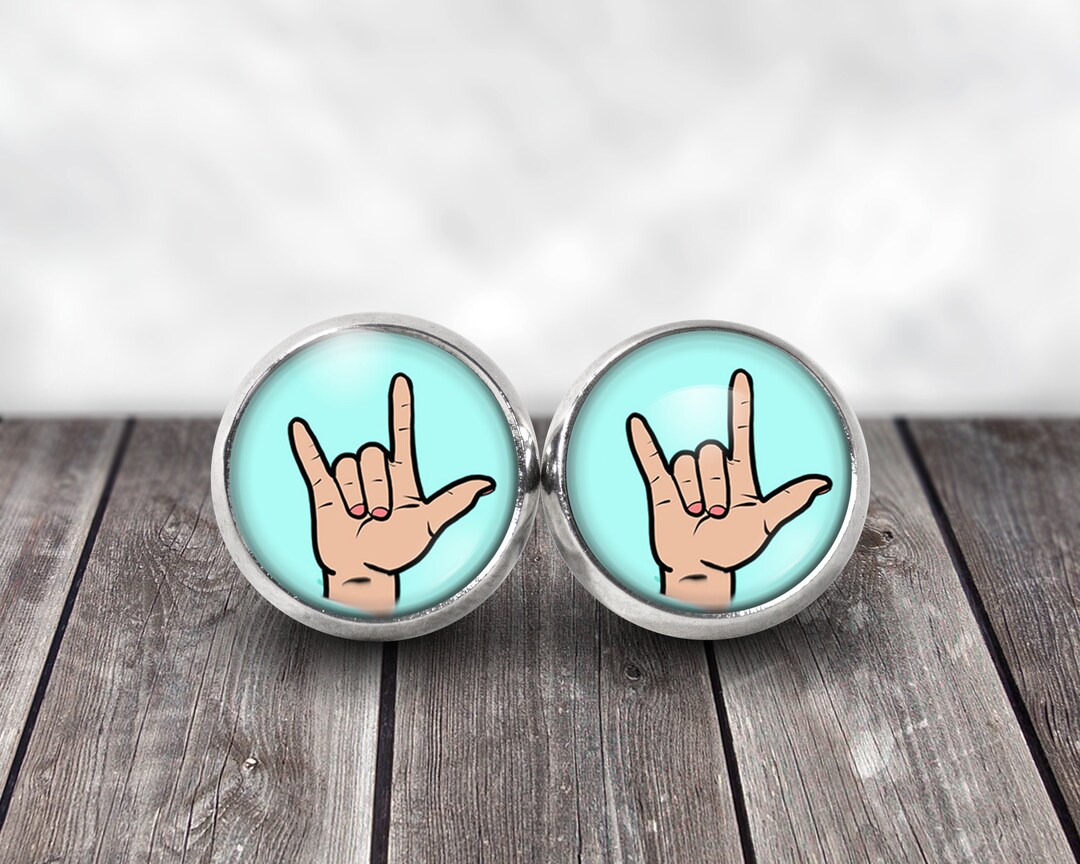 ASL I Love You Post Earrings Sign Language Jewelry Love Studs Two Skin ...
