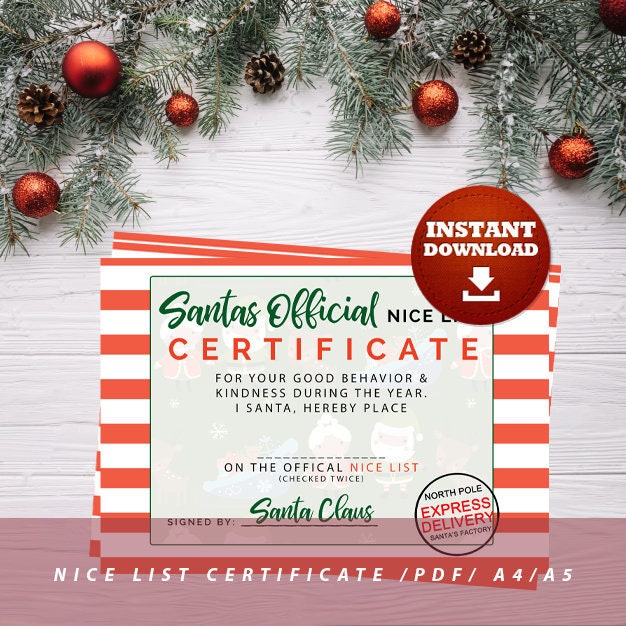 The Nice List Official Certificate, Approved Certificate From Santa ...