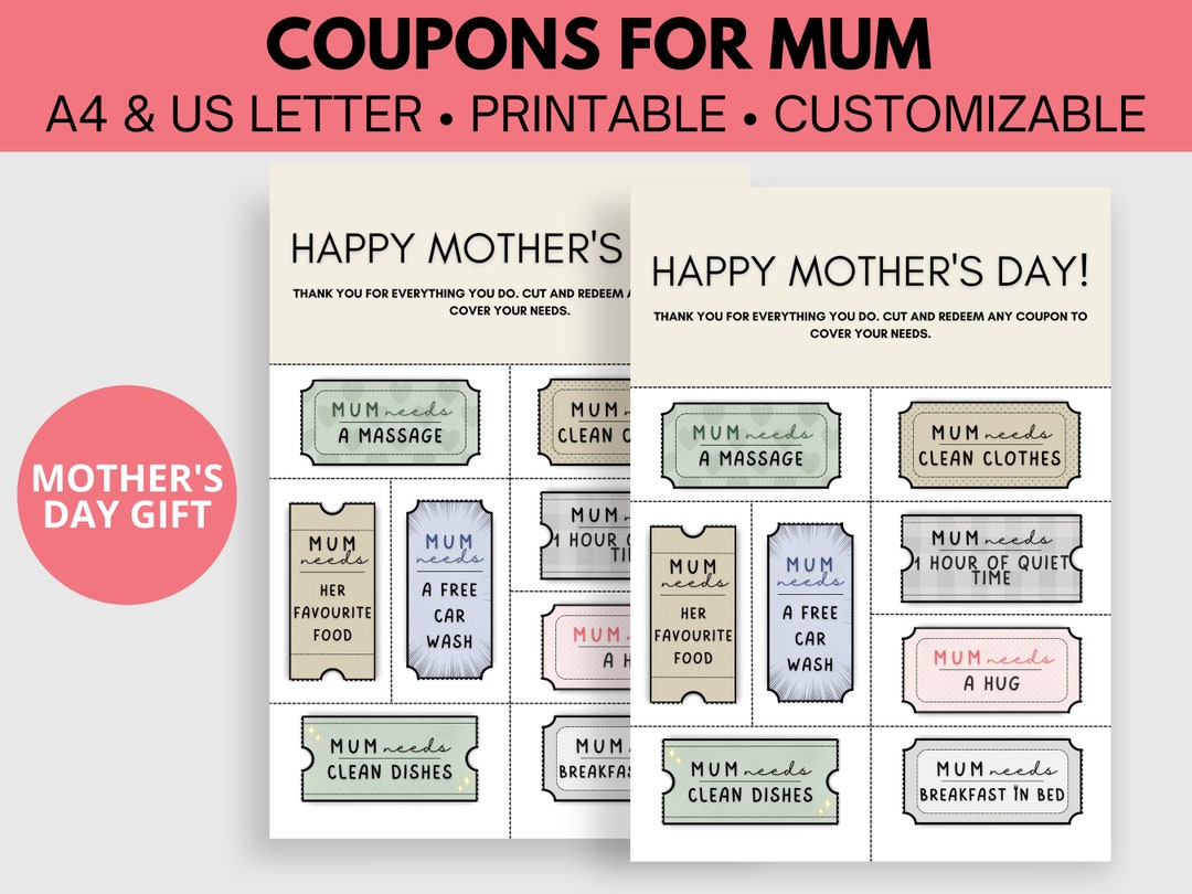 Printable Mother's Day Coupons From Children | Gift for Mother's Day ...