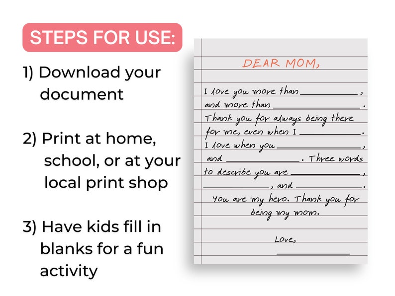 Fill-in Blanks Mother's Day Letter From Kindergarteners | Custom ...